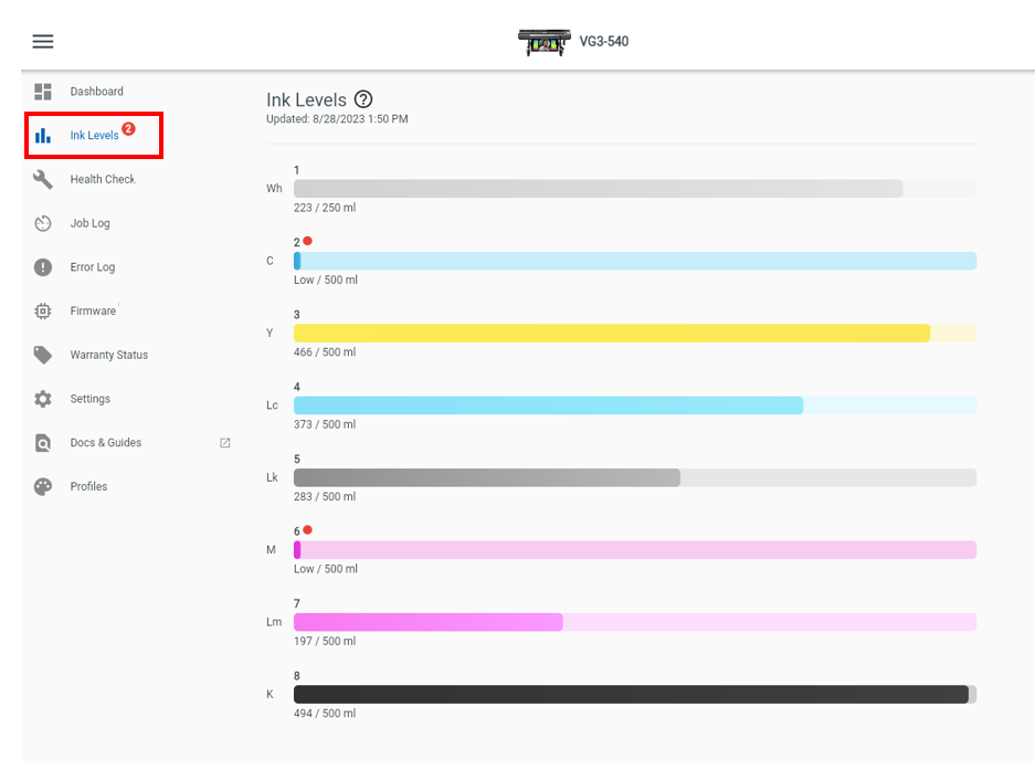Ink Levels (Device menu) – Roland DG Care
