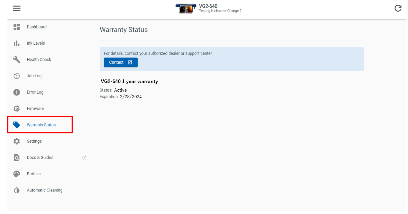Warranty Status (Device menu) – Roland DG Care